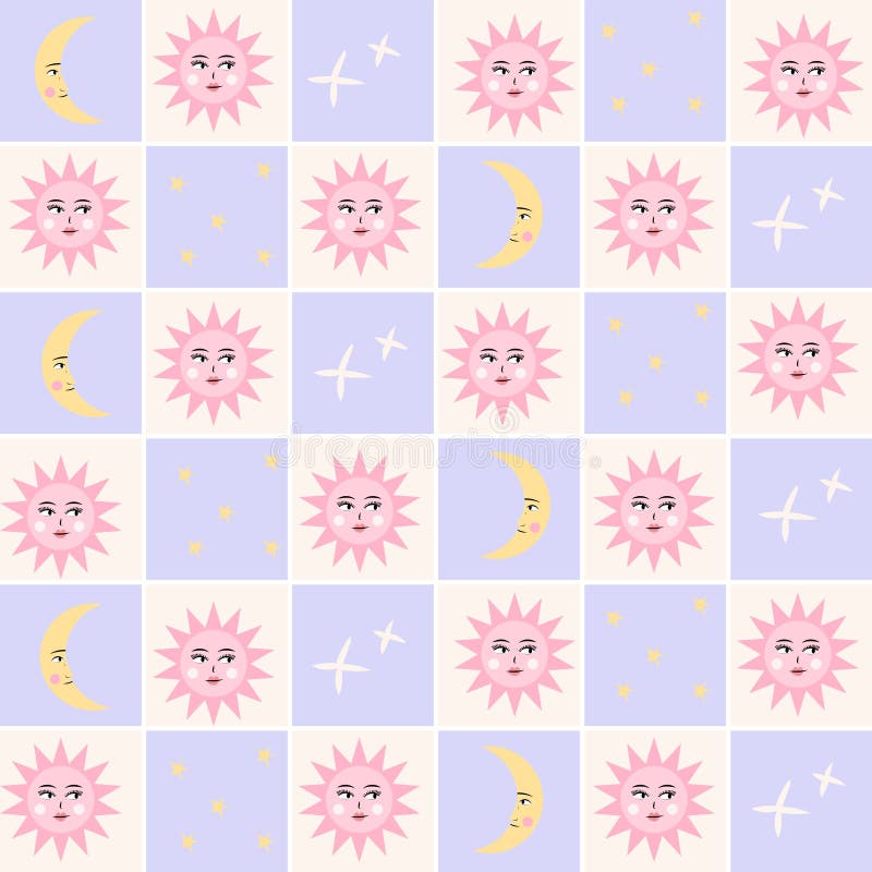 Sun and Moon Seamless Pattern. Cute Checkered Hand Drawn Vector ...