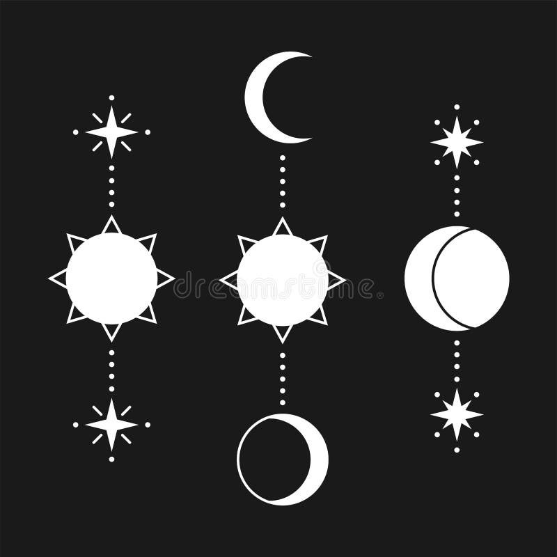 Sun and Moon Set. Simple Graphic Style. White Objects Isolated on Black ...