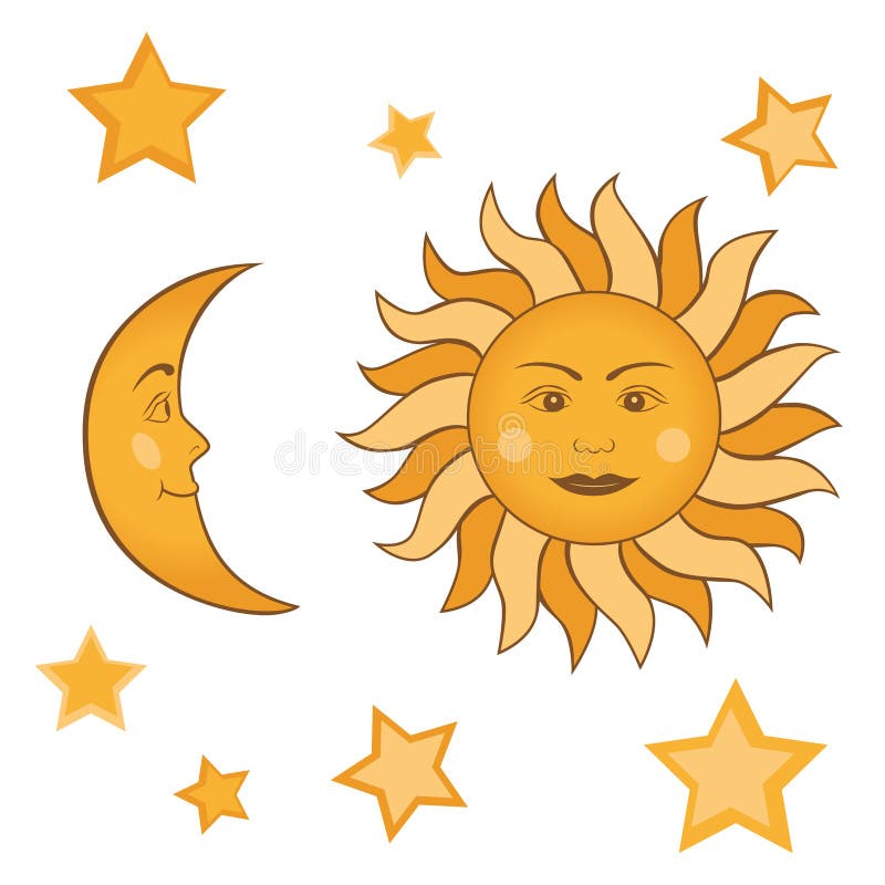Sun, Moon and Stars. Bright Colored Objects. Stock Vector ...