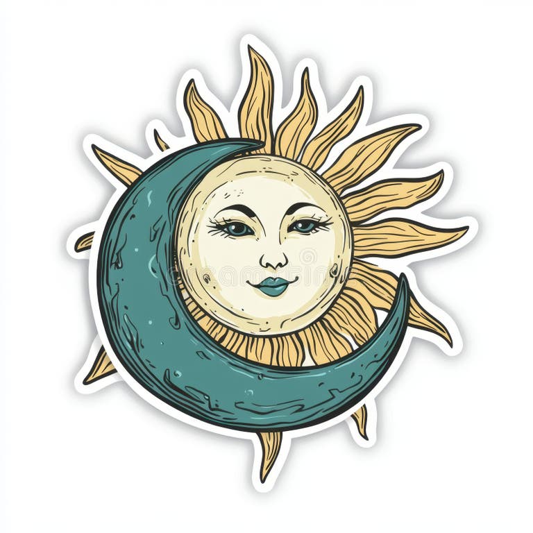 A Sun and Moon Sticker with a Face Stock Illustration - Illustration of ...