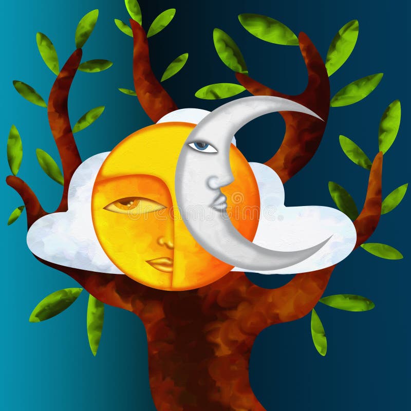 Sun moon and tree stock illustration. Illustration of cloud - 29635691