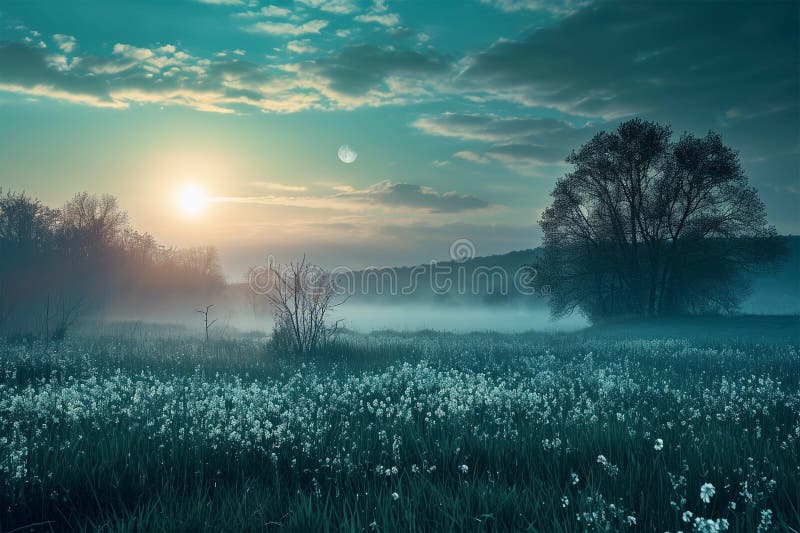 Sun and Moon at Twilight Over Spring Meadow, Equinox Stock Photo ...