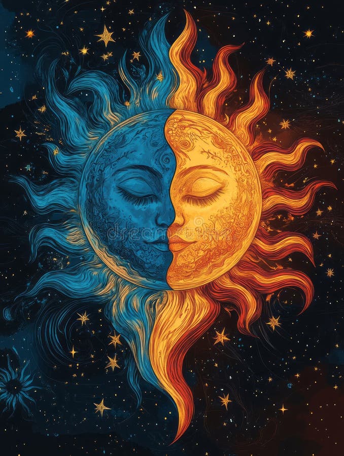 Sun and Moon, Watercolor Style. Half Face Isolated on Black Background ...