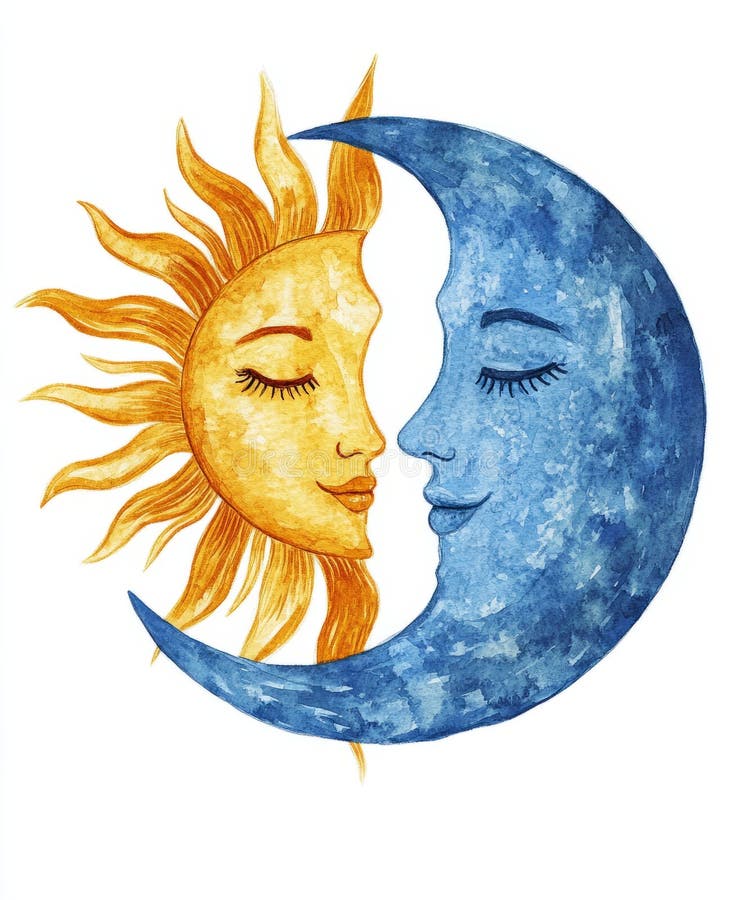 Sun and Moon, Watercolor Style. Half Face Isolated on White or ...