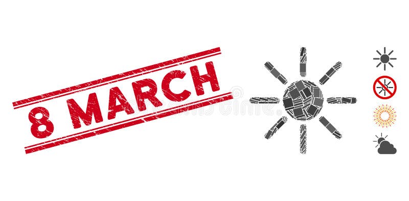 Sun Mosaic and Distress 8 March Stamp Seal with Lines Stock Vector ...