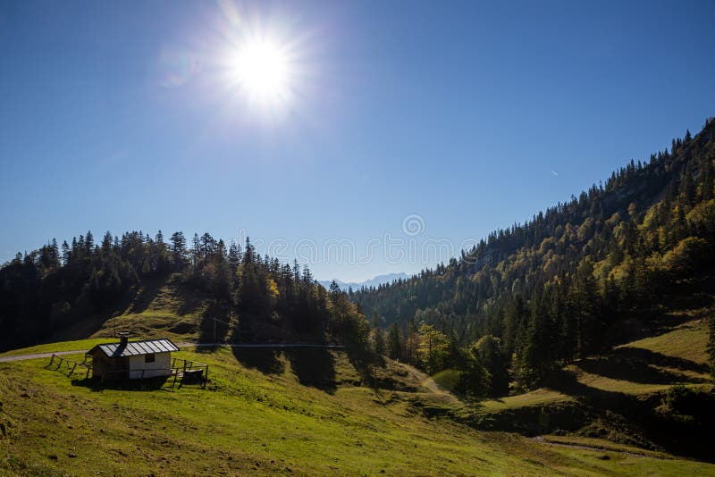 Sun Over Hut in the Mountains German Alps Stock Image - Image of pine ...