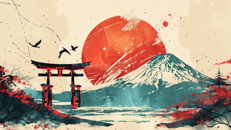 The Sun Over the Mountain in a Japanese Illustration Stock Photo ...