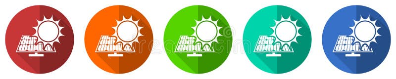 Sun Over Solar Panel Vector Icon Set, Red, Blue, Green and Orange Flat ...