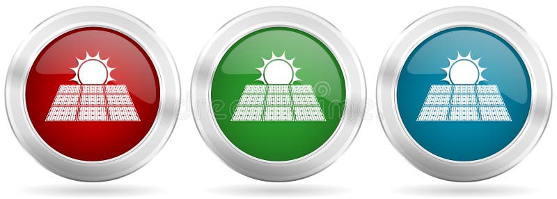 Sun Over Solar Panel Vector Icon Set. Red, Blue and Green Silver ...