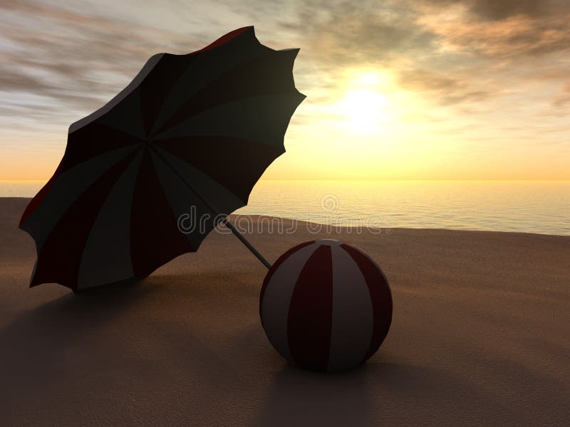 Sun Parasol and Beach Ball on a Beach at Sunset. Stock Illustration ...
