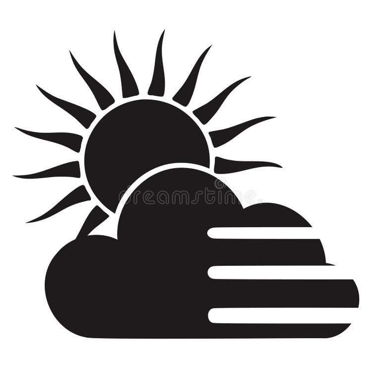 Sun Partially Hidden by Cloud with Sunrays in Simple Black and White ...