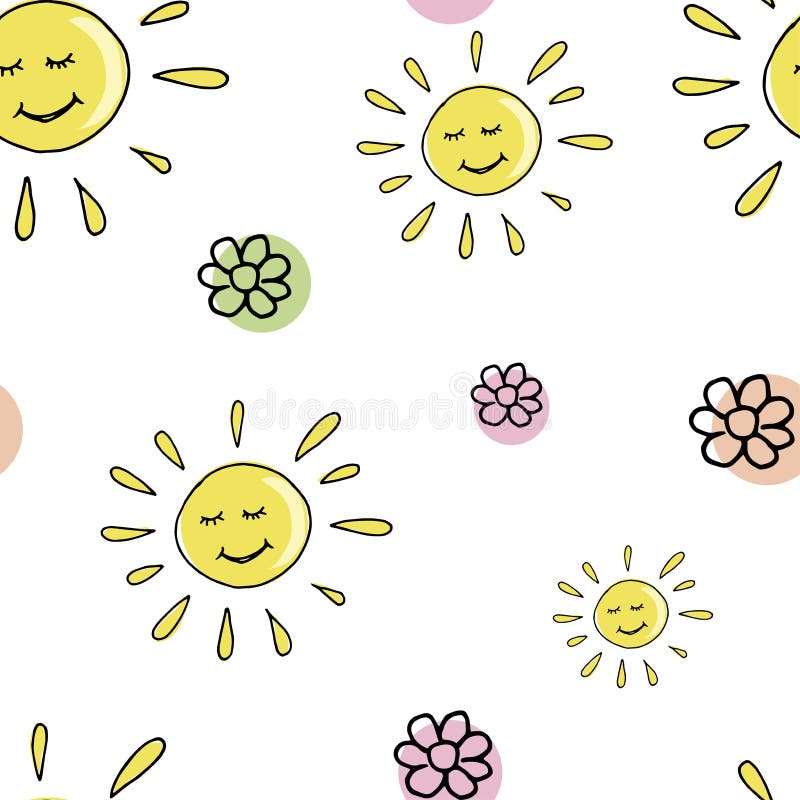 Spring Sunny Pattern, Sun an Flowers Doodle Background. Bright Sunny ...