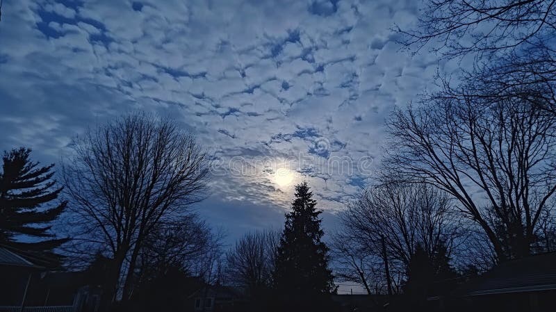 Sun Peeking through Winter Clouds and Bare Trees at Dusk Stock Photo ...