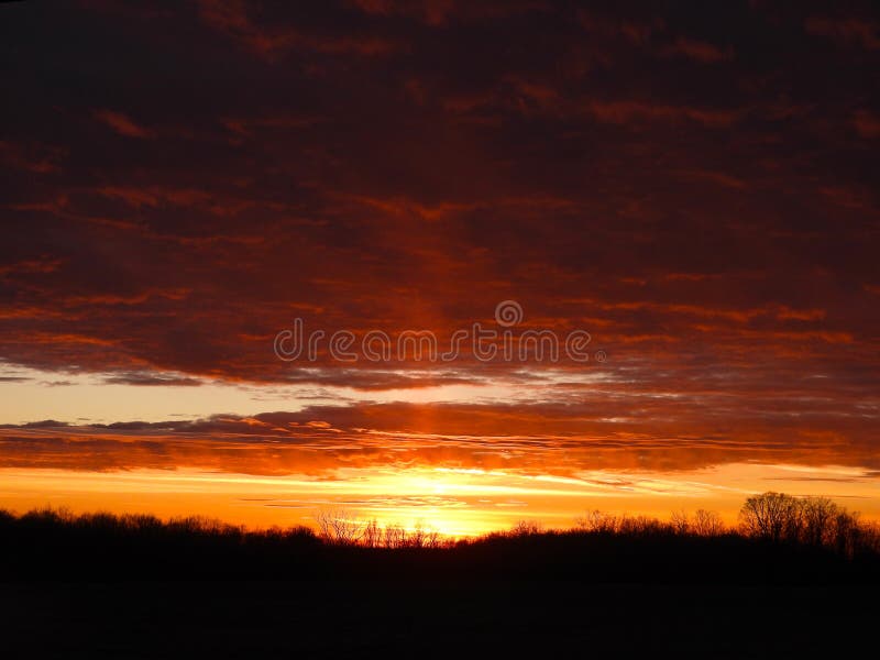 Sun Pillar in Orange Sunset Over Winter Tree Line in Upstate NewYork ...