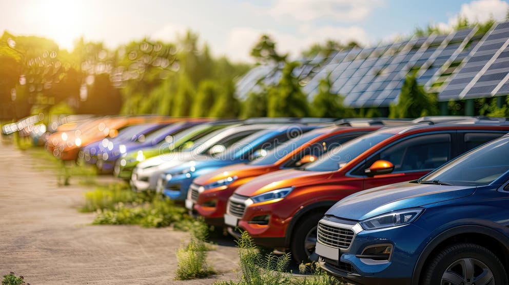 Sun-Powered Parking: Array of Vehicles in Front of Solar Panel Stock ...