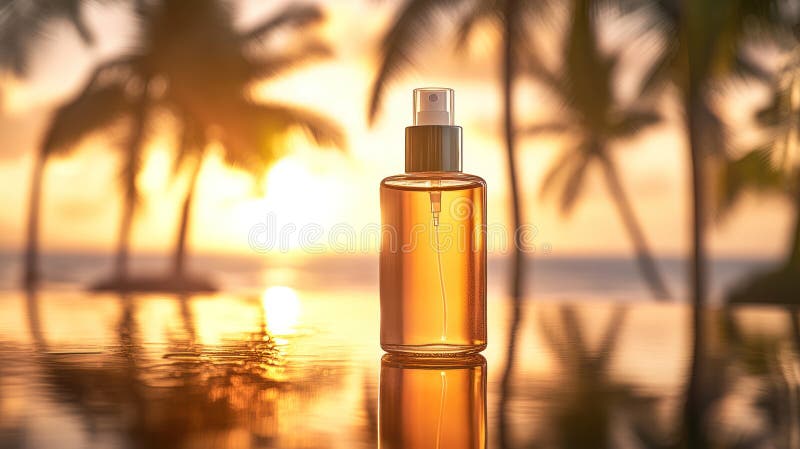 Sun Protection Concept with Spf Mist Bottle at Sunset on Reflective ...