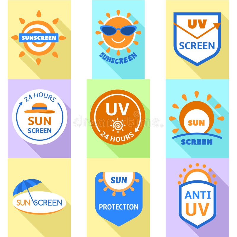 Sun Protection Logo Set, Flat Style Stock Vector - Illustration of ...