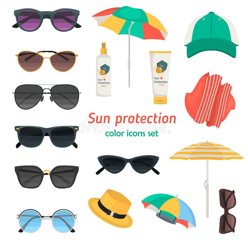 Sun Protection Ways Color Flat Icons Set for Web and Mobile Design ...
