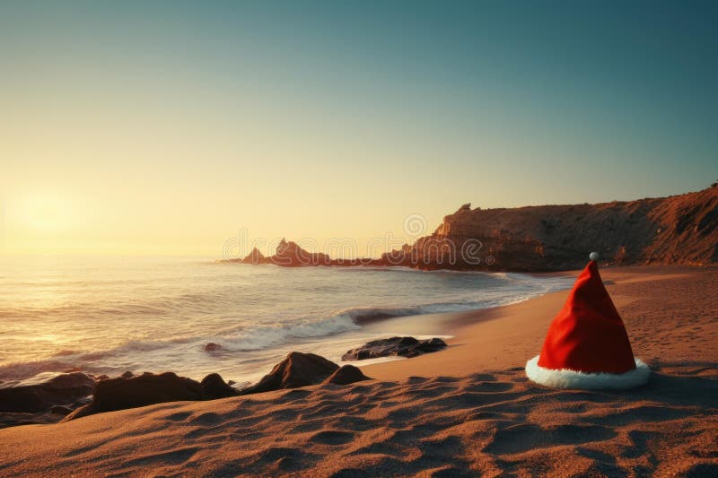 Sun-protective Santa Beach Hat on Sand. Generate Ai Stock Illustration ...