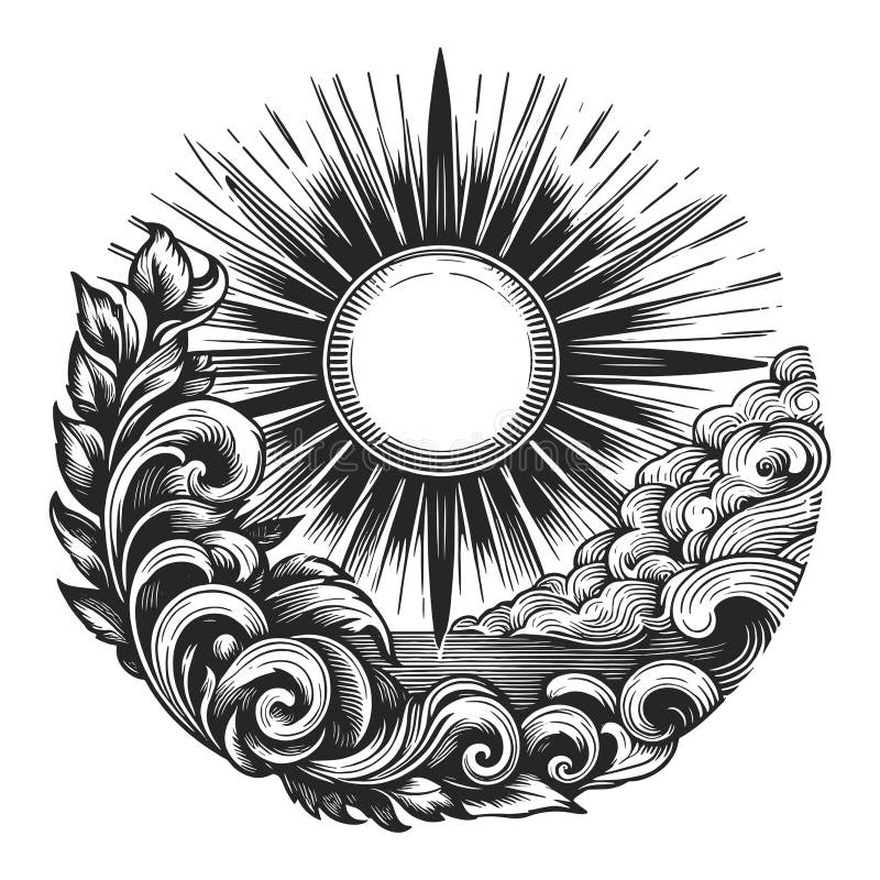 Stylized Sun Clouds Engraving Illustration Vector Stock Vector ...