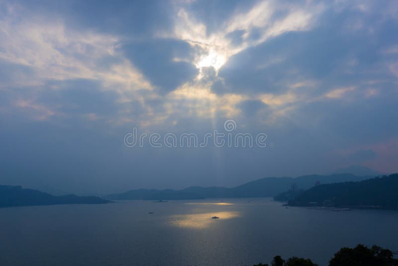 Sun Ray Over Sun Moon Lake, View from Wen Wu Temple Stock Image - Image ...