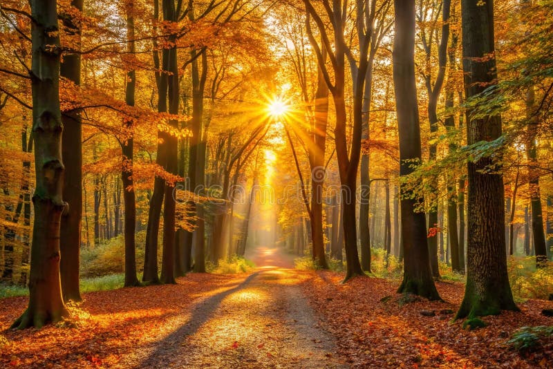 Sun Rays through Autumn Forest Path Stock Illustration - Illustration ...