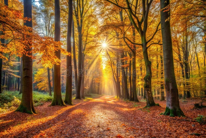 Sun Rays through Autumn Forest Path Stock Illustration - Illustration ...