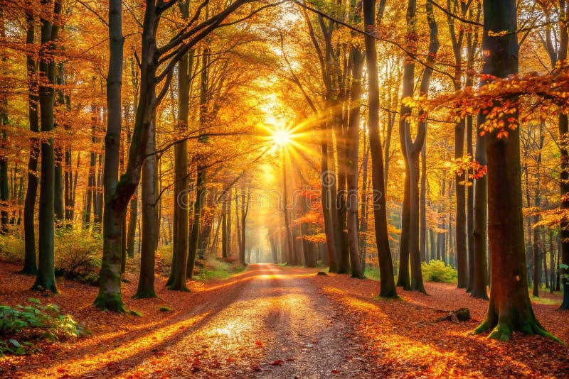 Sun Rays through Autumn Forest Path Stock Illustration - Illustration ...