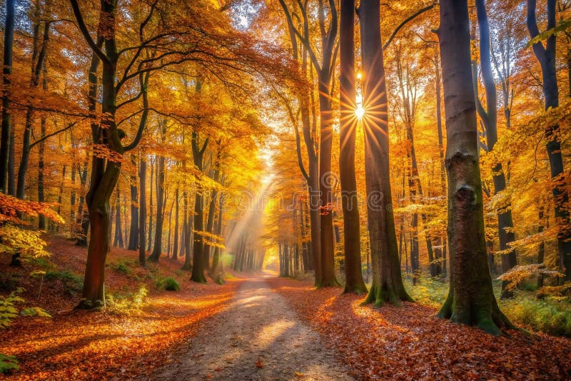 Sun Rays through Autumn Forest Path Stock Illustration - Illustration ...