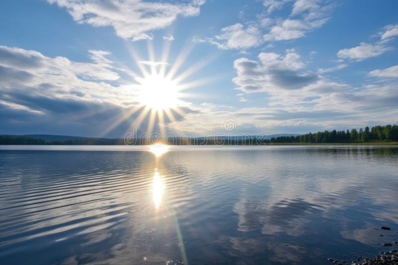 Sun Rays Beaming on the Surface of a Lake Stock Photo - Image of nature ...