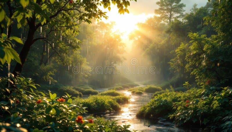 Sun Rays Break through the Canopy Lighting a Lush Forest Stock ...