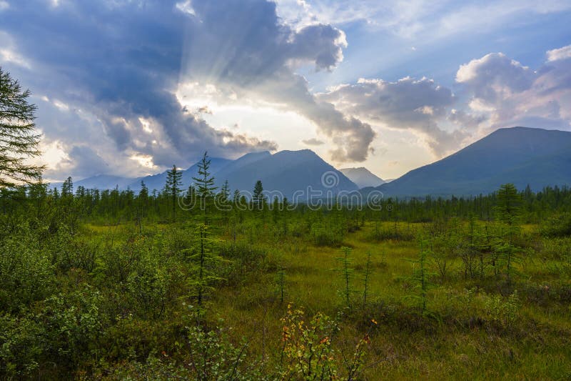 Sun Rays Breaking through Clouds Over Mountain Forest Stock Photo - Image of scenic, landscape ...