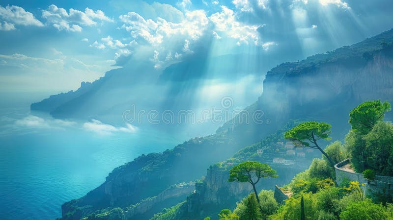 Sun Rays Breaking through Clouds Over Rocky Landscape View Stock ...