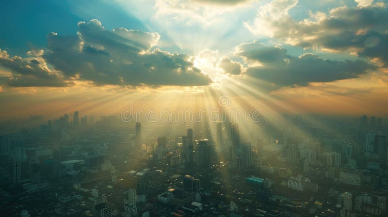 Sun Rays Breaking through Clouds Over Urban Skyline, Suitable for ...