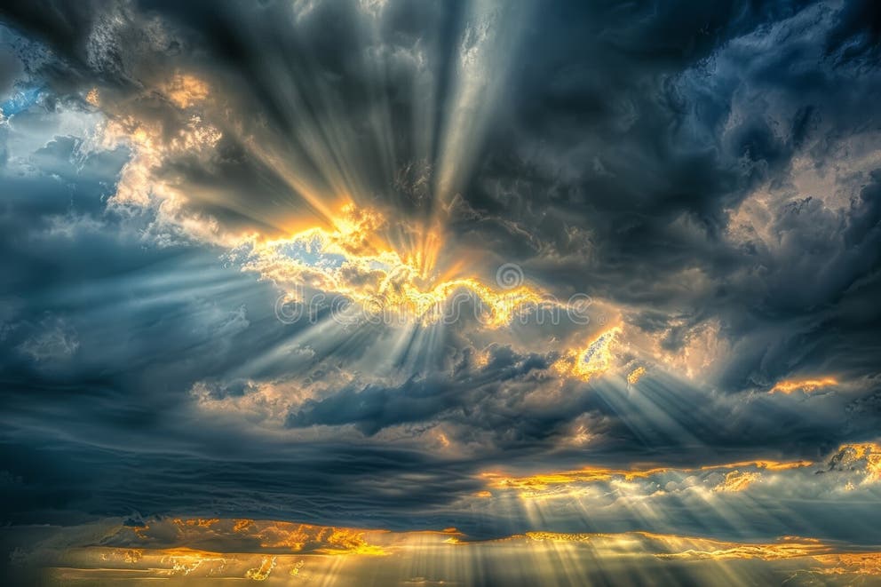 Sun Rays Breaking through Dark Clouds in a Dramatic Sky Scene Stock Illustration - Illustration ...