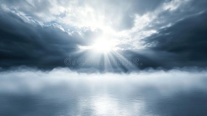 Sun Rays Breaking through Dark Clouds Over a Calm Sea Stock Image ...