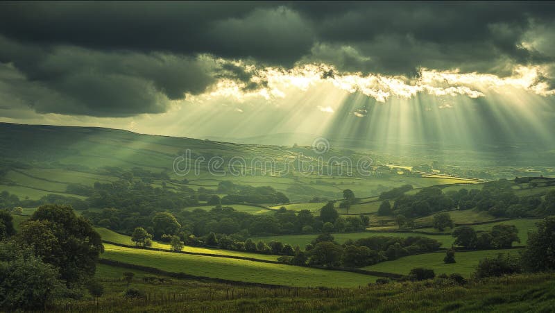 Sun Rays Breaking through Dark Clouds Over Rolling Green Hills Stock ...
