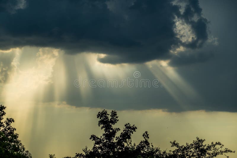 Sun Rays Breaking through Dark Rain Clouds, Trees Silhouettes Stock ...