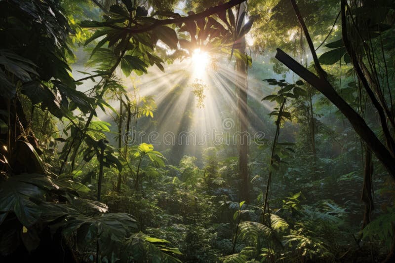 Sun Rays Breaking through Dense Jungle Canopy Stock Illustration ...