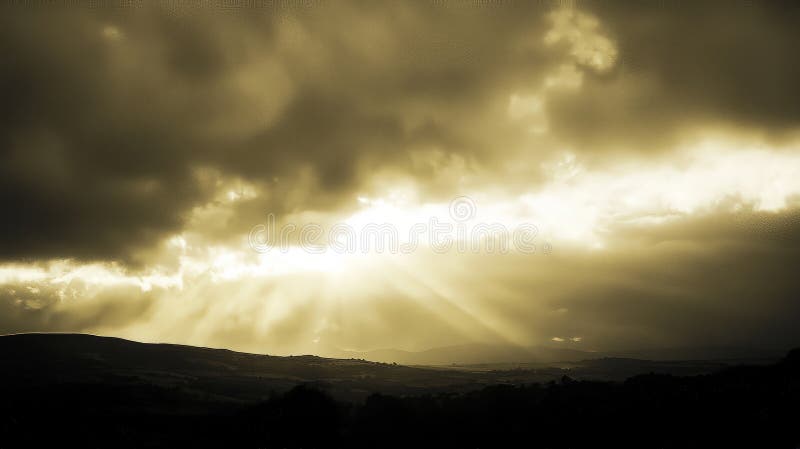 Sun Rays Breaking through Dramatic, Dark Clouds Over a Silhouetted ...
