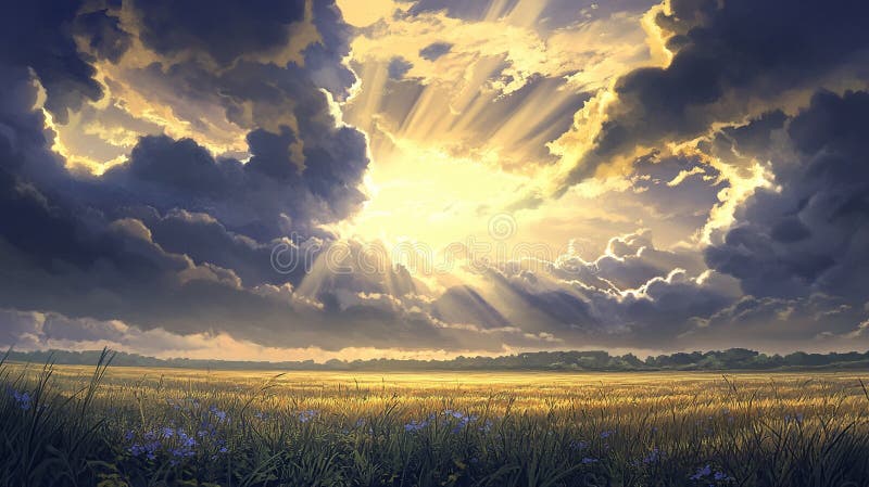 Sun Rays Breaking through Dramatic Storm Clouds Over a Golden Field ...