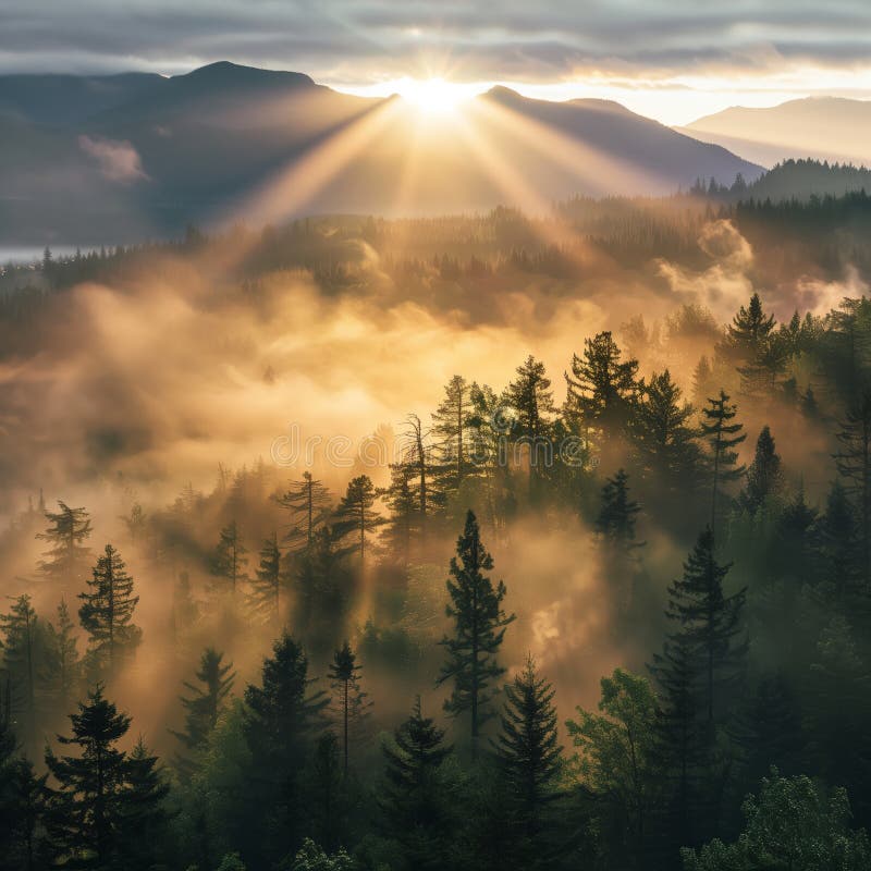 Sun Rays Breaking through Misty Forest Stock Photo - Image of tranquil ...
