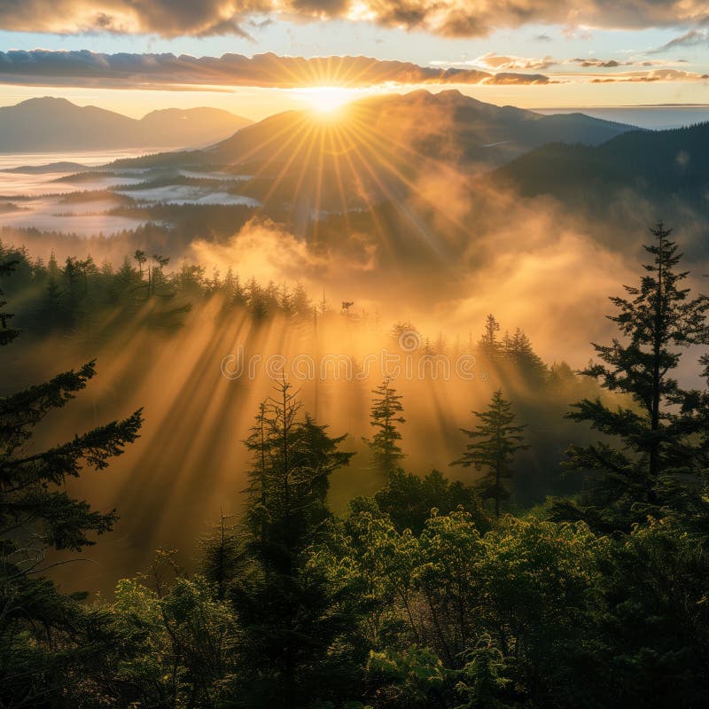 Sun Rays Breaking through Misty Forest Stock Photo - Image of dawn ...