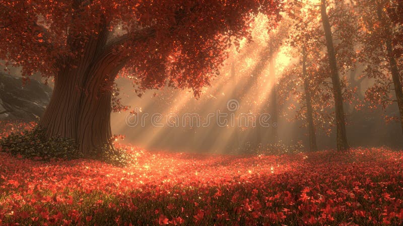Sun Rays Breaking through the Trees in a Forest with Red Flowers Stock ...