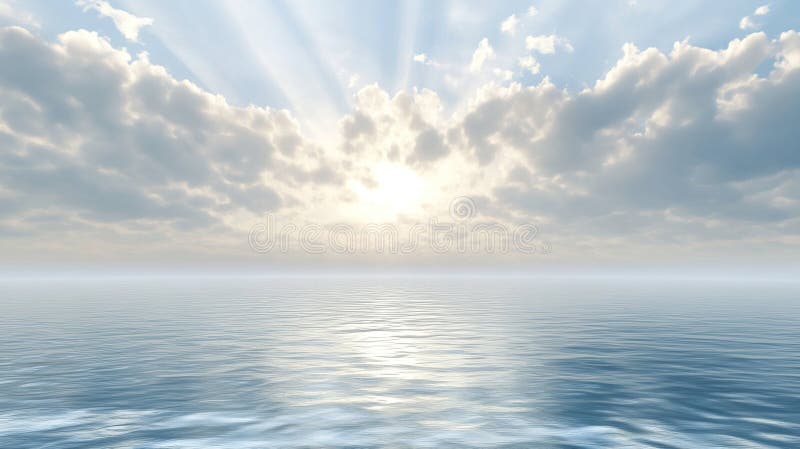 Sun Rays Burst through Clouds Over Calm Ocean Stock Photo - Image of ...