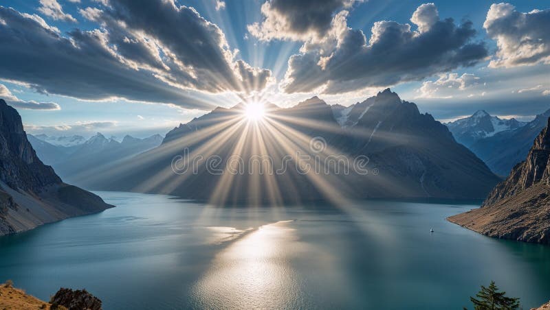 Sun Rays Burst through Clouds Over Dam and Lake Surrounded by Jagged ...
