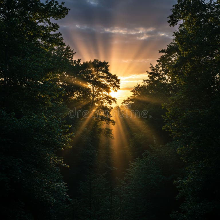 Sun Rays Burst through the Dense Foliage of a Forest at Sunset ...