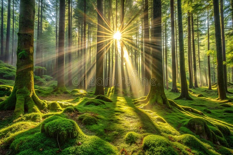 Sun Rays Burst through Dense Forest, Illuminating Moss-covered Ground ...