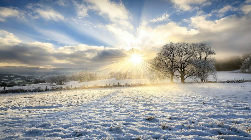 Sun Rays Burst through Winter Clouds Over Snowy Field and Trees Stock ...