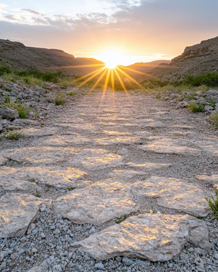 Sun Rays Bursting through a Mountain Pass Illuminating a Stone Path ...